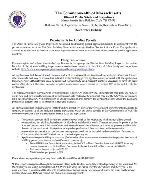 Massachusetts State Owned Building Permit Application Mbcia
