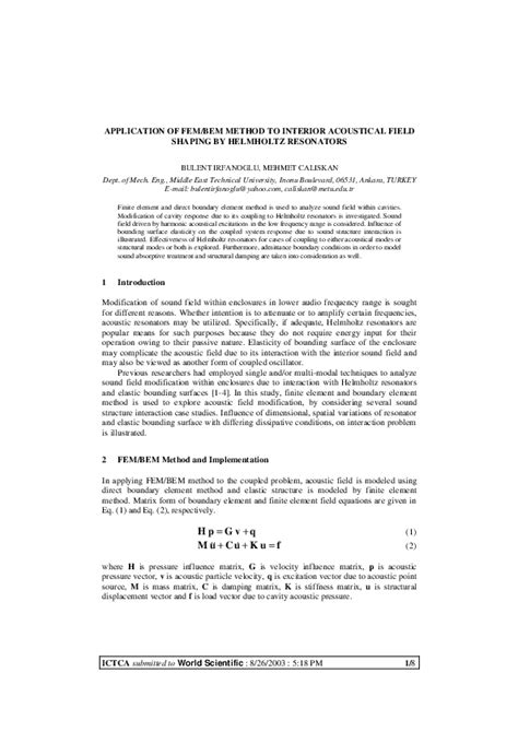 Pdf Application Of Fembem Method To Interior Acoustical Field Shaping By Helmholtz Resonators