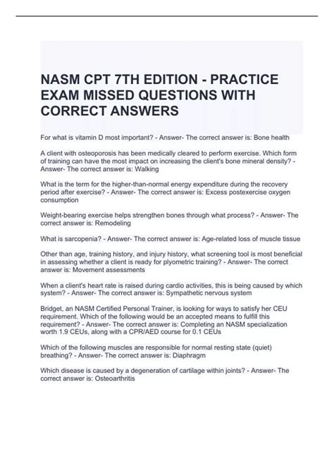 Nasm Cpt 7th Edition Practice Exam Missed Questions With Correct