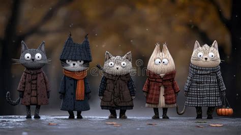 Five Cute Cats In Autumn Outfits Standing Together On A Sidewalk Stock Illustration