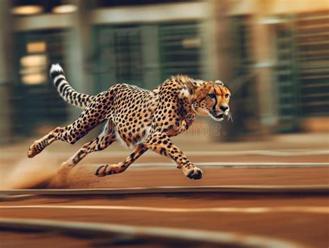 A Cheetah Sprinting On An Athletic Track Showing Speed In A Stadium