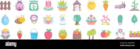 Kawaii Gardening Cartoon Characters Tools Collection Vector