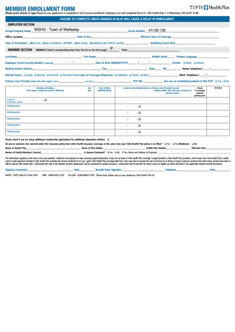 Fillable Member Enrollment Form Tufts Health Plan Printable Pdf