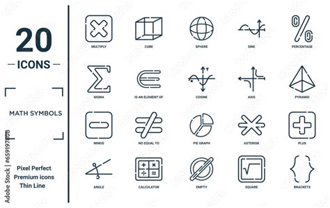 Math Symbols Linear Icon Set Includes Thin Line Multiply Sigma Minus Angle Brackets Cosine