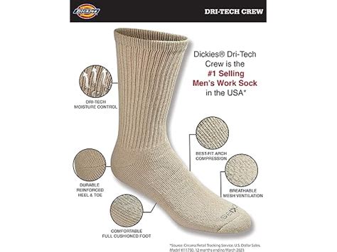 Dickies Mens Dri Tech Crew Socks 6 Pairs Lg