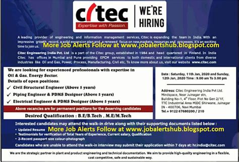 Citec Engineering India Pvt Ltd Walk In Interview On 11th And 12th Jan