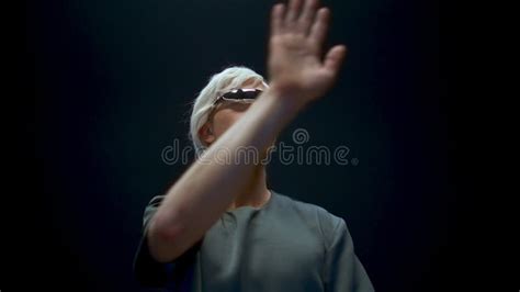 Closeup Futuristic Guy Playing Virtual Reality Game Focused Blonde Man