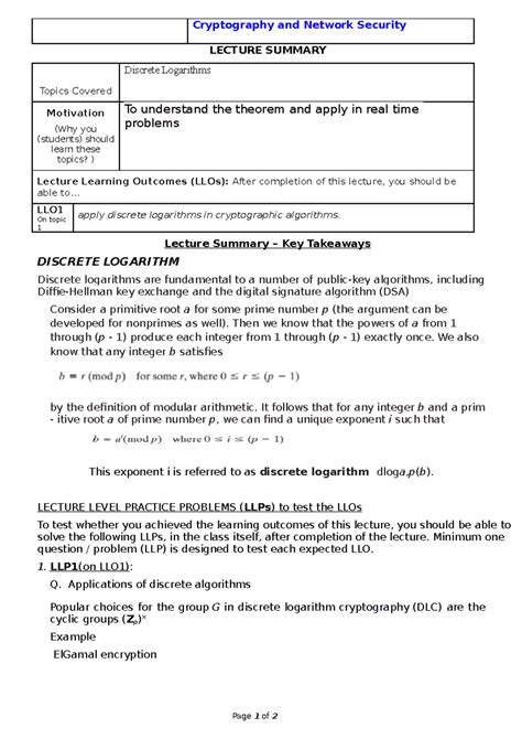 Discrete Logarithms Cryptography And Network Security Lecture Summary