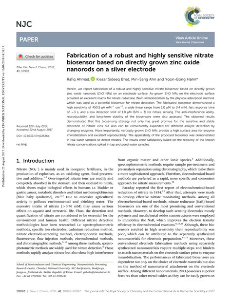 Pdf Fabrication Of A Robust And Highly Sensitive Nitrate Biosensor Based On Directly Grown