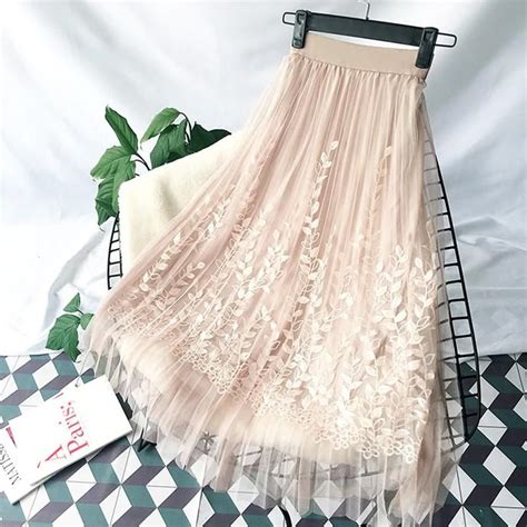 Floral Embroidery A Line Tulle Mesh Pleated Skirt | Юбки из тюли ...