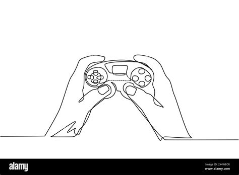 Single One Line Drawing Young Man Hands Holding Video Game Console