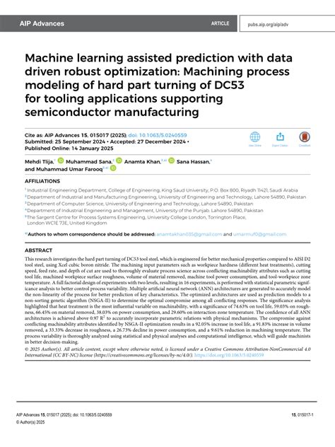 (PDF) Machine learning assisted prediction with data driven robust optimization: Machining ...