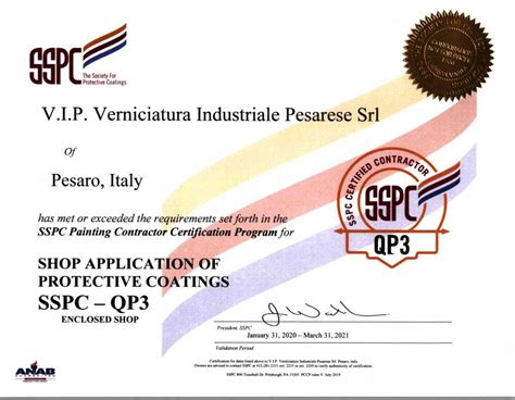 Sspc Qp 3 Certified Contractor Italy • V I P Verniciatura Industriale Pesarese Srl