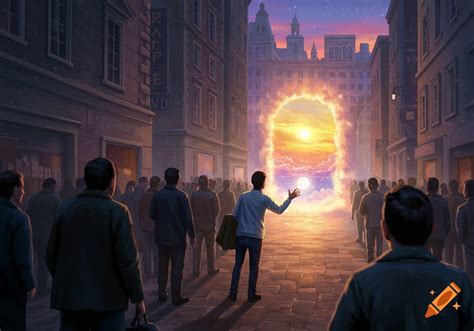 A Crowd Gathers On A City Street Looking At A Glowing Portal Showing A