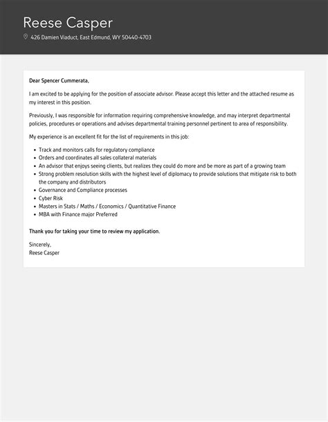 Associate Advisor Cover Letter Velvet Jobs