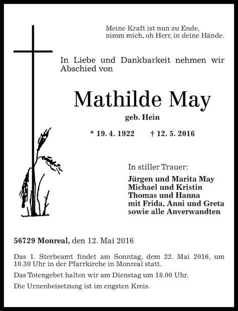 Traueranzeigen Von Mathilde May Rz Trauer De