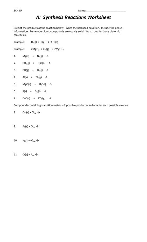 Synthesis Reaction Worksheet