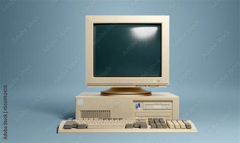 ภาพประกอบ Stock Retro 1990s Style Beige Desktop Pc Computer And Monitor