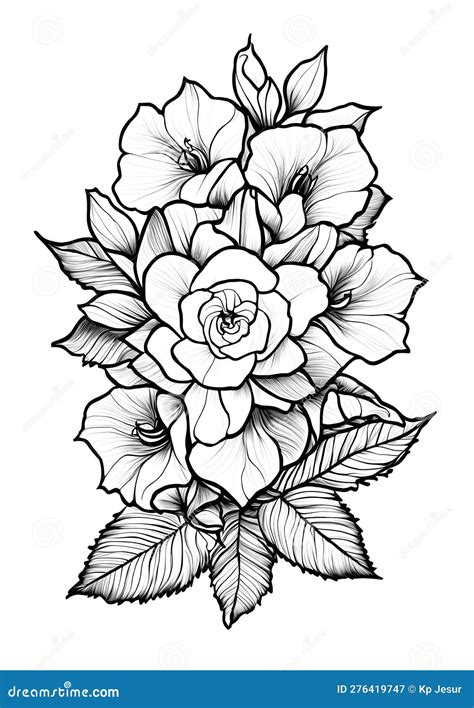 Rose Flower Coloring Page Black Outline White Background Royalty Free