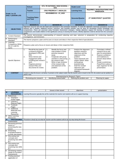 Dll Blank Template Pdf Learning Teachers