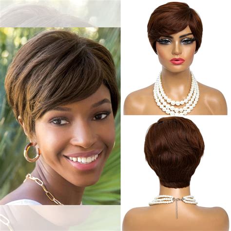 Yonova Brown Pixie Cut Wigs Human Hair Layered Side Long Bangs Pixie Hairstyle Full Machine Made