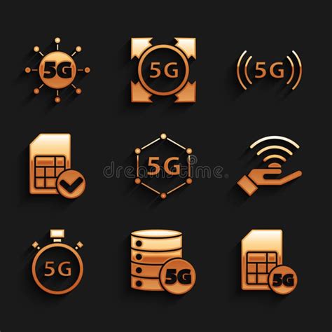 Set 5g Network Server Sim Card Digital Speed Meter Card And Icon Vector Stock Illustration