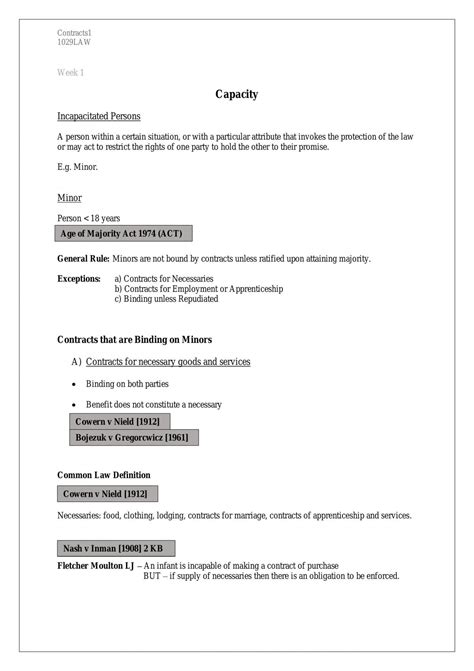 Capacity Contract Law Notes 1029law Contracts 1 Griffith Thinkswap