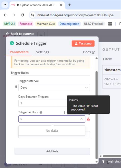 what issue with trigger at hour in schedule node ver 1 83 1