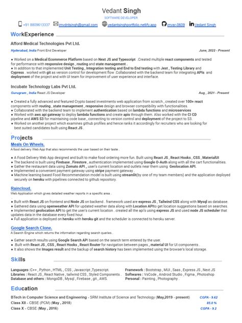 Vedant Singh Resume Latest Pdf Databases Computer Programming