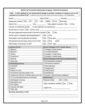 Mhca Fall Prevention Post Fall Evaluation Form Blank Fillable