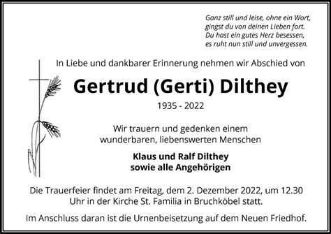 Traueranzeigen Von Gertrud Dilthey Trauerop Onlinede