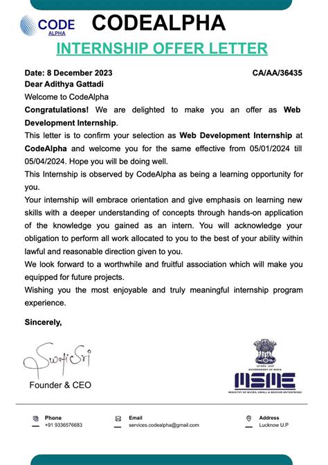 Codealpha Webdevelopment Internship Offerletter Adithya Gattadi