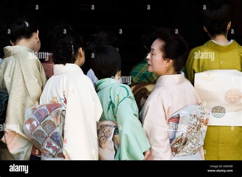 Kimono Clad Women View A Ceremony Held At Todaiji Temple In Nara Japan