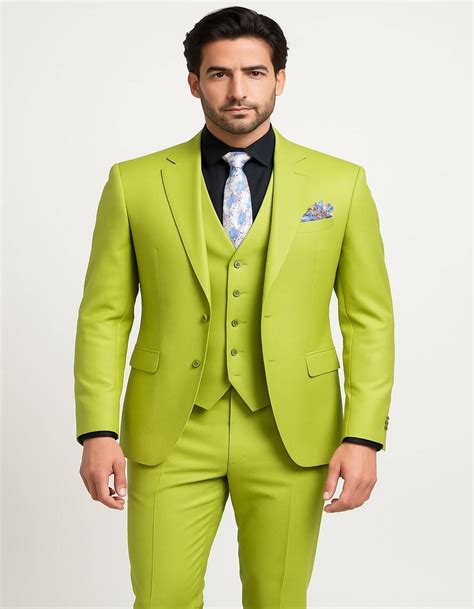 Mens Lime Green Three Piece Suit With Floral Tie Slim Fit Tuxedo Fo