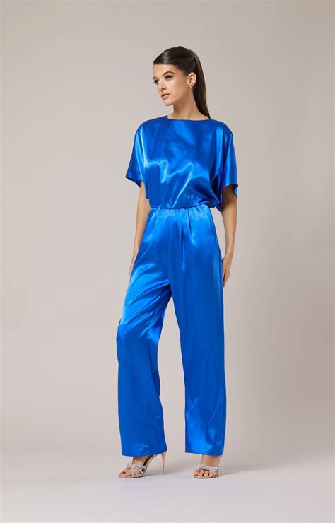 Royal Blue Satin Jumpsuit Wide Leg Bridesmaid Overalls Cocktail Party