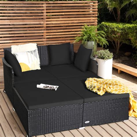 Spaco Spacious Outdoor Rattan Daybed With Upholstered Cushions And