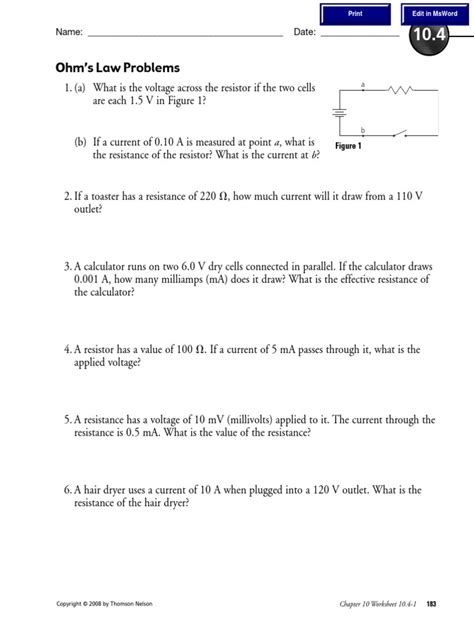 5 Ohms Law Worksheet Pdf Electrical Resistance And Conductance