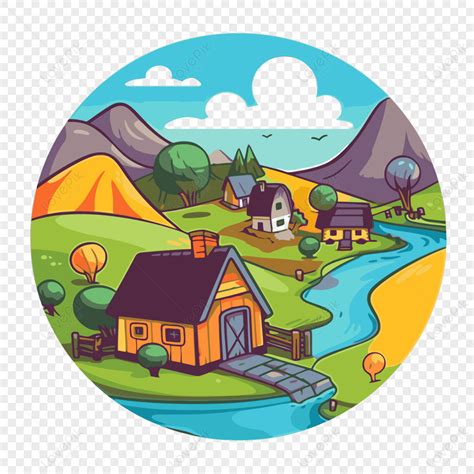 Cartoon Village Area Na May Bahay At Ilog Vector Clipart Bahay Ng