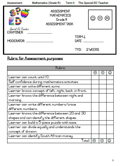 Math Assessment Grade R Term 4 Afrikaans The Special Ed Teacher