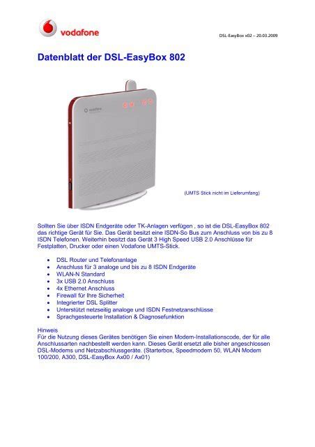 Datenblatt Der Dsl Easybox 802 Vodafone