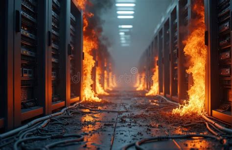 Server Room On Fire Flames And Smoke From Burning Server Racks Data