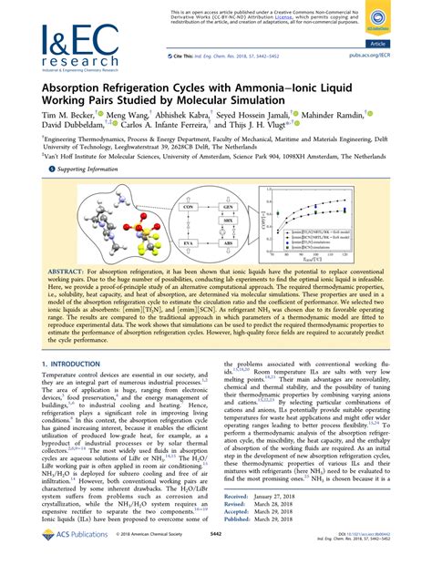 Pdf Absorption Refrigeration Cycles With Ammonia Ionic Liquid Working