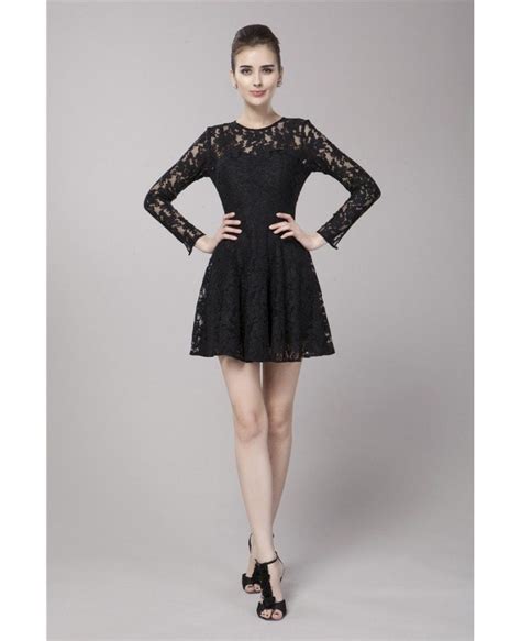 Long Black Lace Sleeve Mini Dress Black Dk86 608