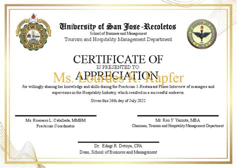 Certificate Of Appreciation Awarded To Ms Lourdes K Kapfer For Sharing Her Hospitality