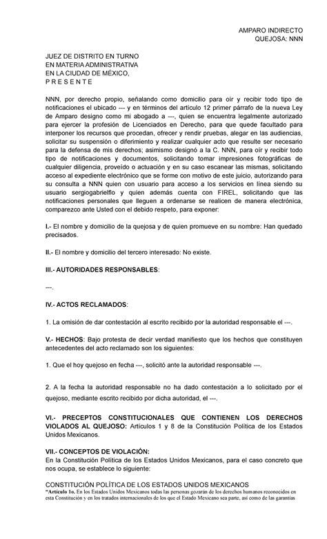 Formato De Amparo Por Omisión De Contestación Nnn Studocu