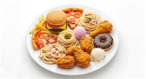 Oversized Dinner Plate Filled With High Calorie Food On White Open