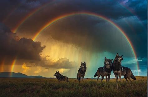 La Manada De Lobos En Silueta Bajo El Cielo Arco Iris Imagen Premium