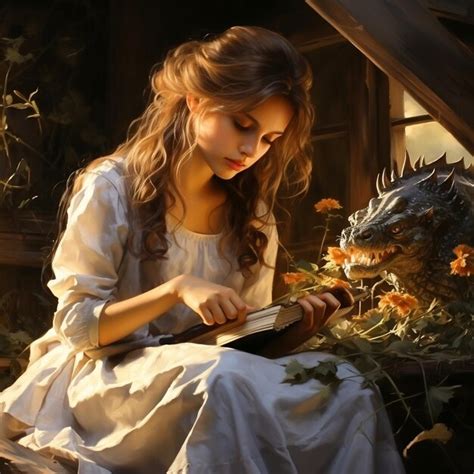 Premium Ai Image An Image Of A Girl Sitting With A Lizard In Style Of Realistic Yet Romantic