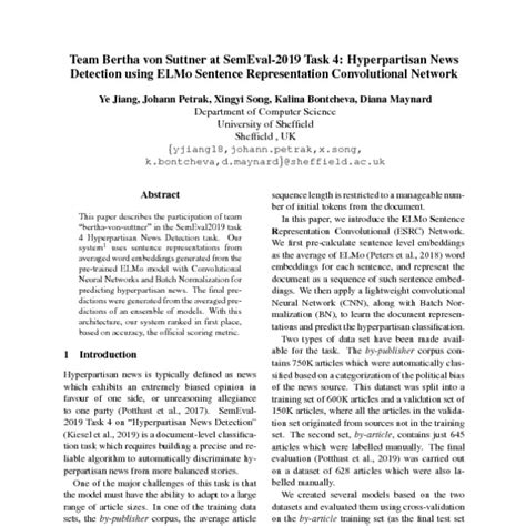 Team Bertha Von Suttner At Semeval 2019 Task 4 Hyperpartisan News Detection Using Elmo Sentence