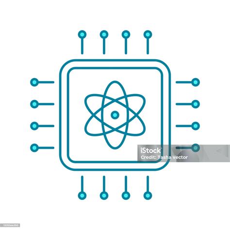 양자 컴퓨팅 라인 아이콘입니다 원자 기호와 블루 반도체 칩 상징에 대한 스톡 벡터 아트 및 기타 이미지 상징 Cpu 공학 Istock